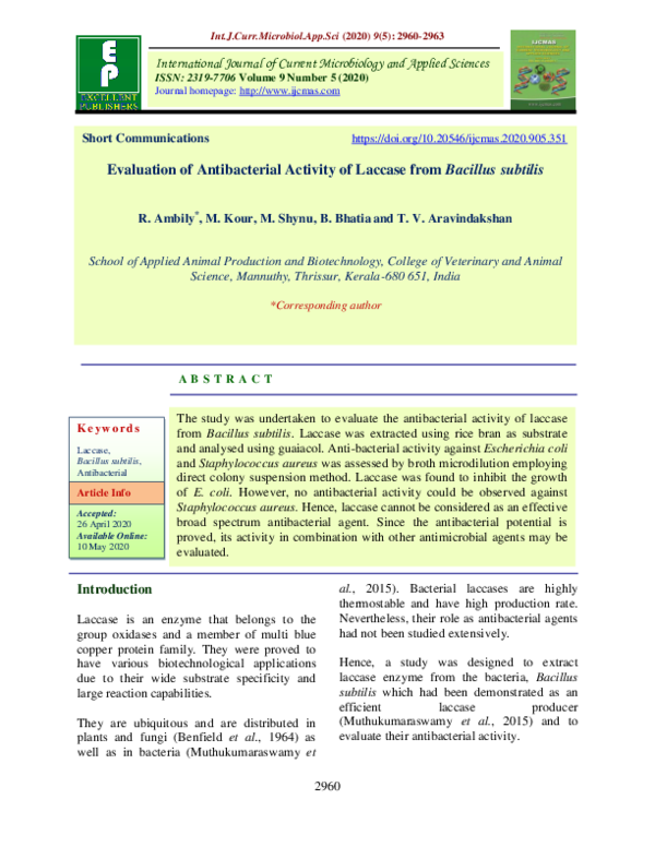 (PDF) Evaluation of Antibacterial Activity of Laccase from Bacillus ...