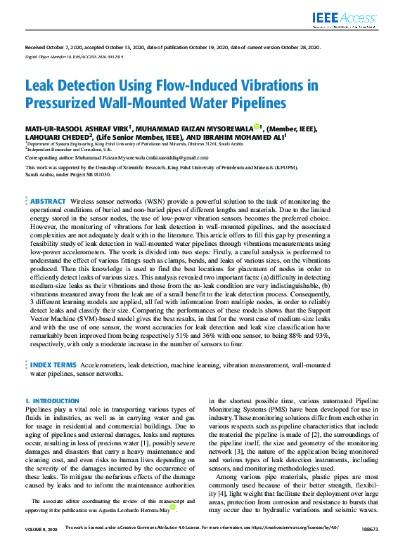 (PDF) Leak Detection Using Flow-Induced Vibrations in Pressurized Wall-Mounted Water Pipelines