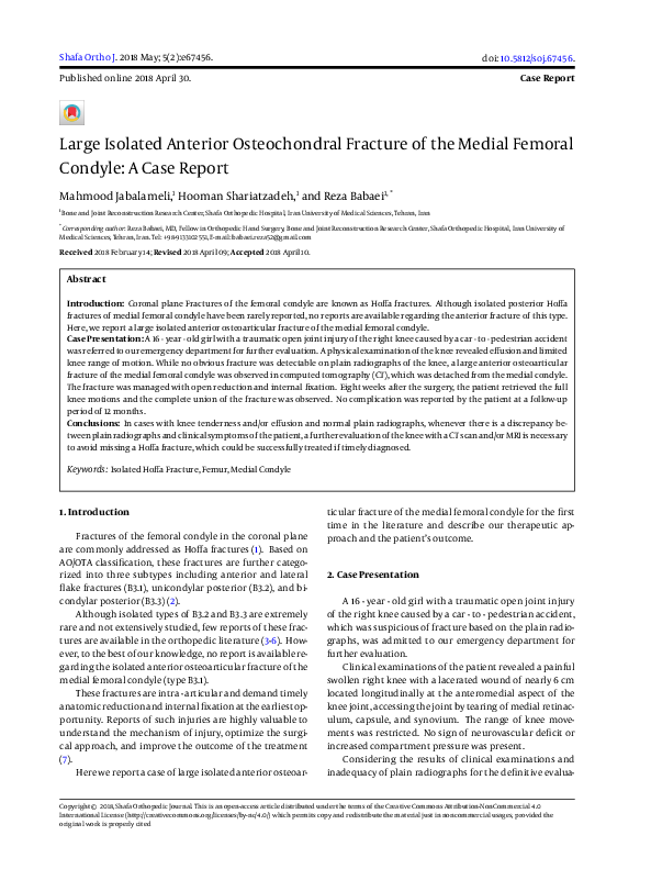 (PDF) Large Isolated Anterior Osteochondral Fracture of the Medial ...
