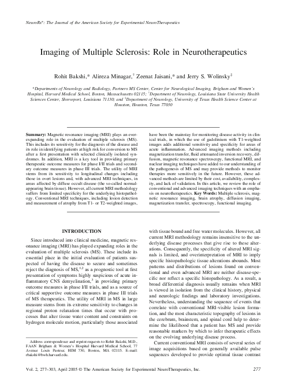(PDF) Imaging of multiple sclerosis: Role in neurotherapeutics