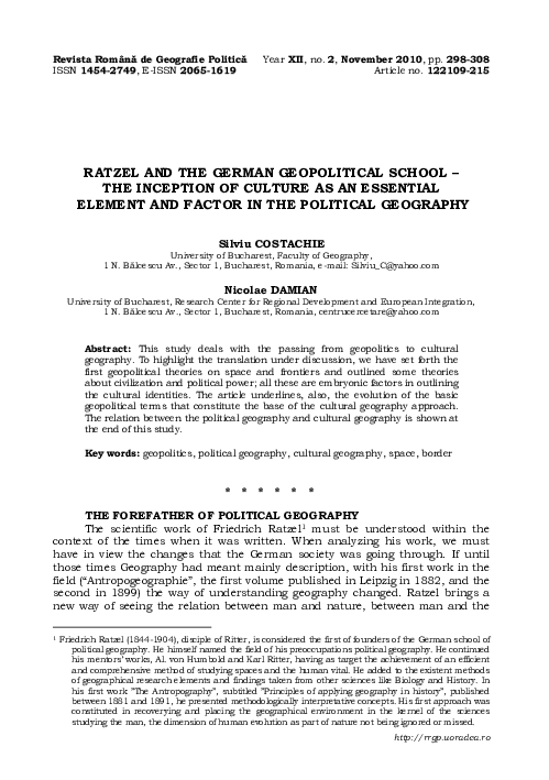 (PDF) Ratzel and the German Geopolitical School-The Inception of ...