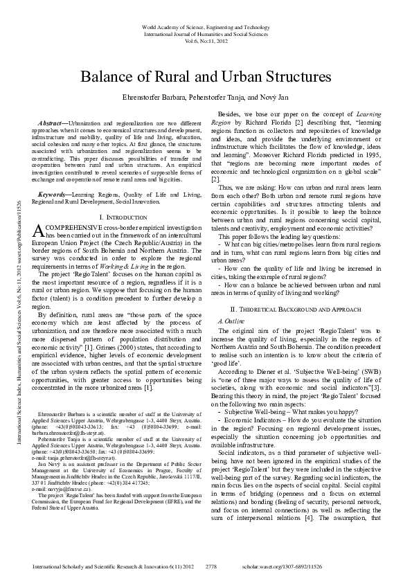 (PDF) Balance Of Rural And Urban Structures