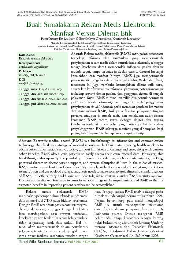 (PDF) Buah Simalakama Rekam Medis Elektronik: Manfaat Versus Dilema Etik