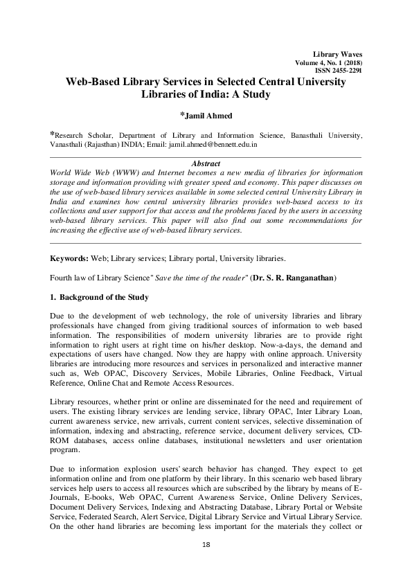 (PDF) Web‐Based Library Services in Selected Central University Libraries of India: A Study