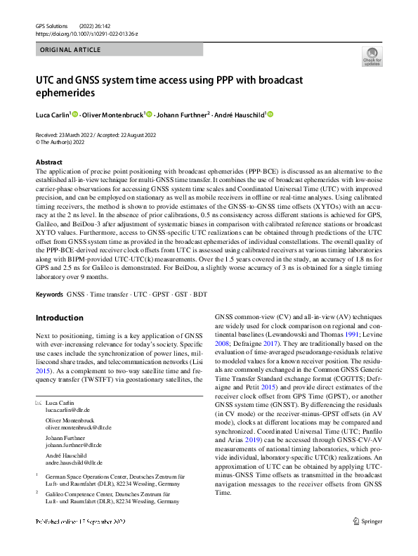 (PDF) UTC and GNSS system time access using PPP with broadcast ephemerides