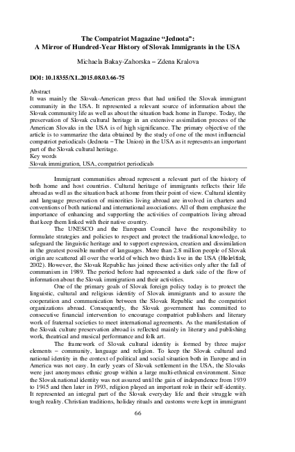 (PDF) The Compatriot Magazine “Jednota”: A Mirror of Hundred-Year ...