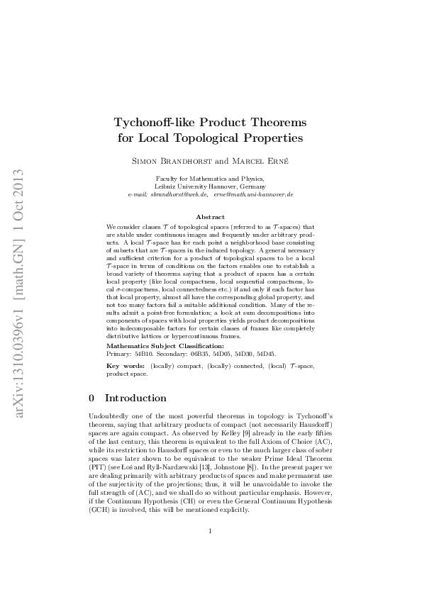 (PDF) Tychonoff-like Product Theorems for Local Topological Properties