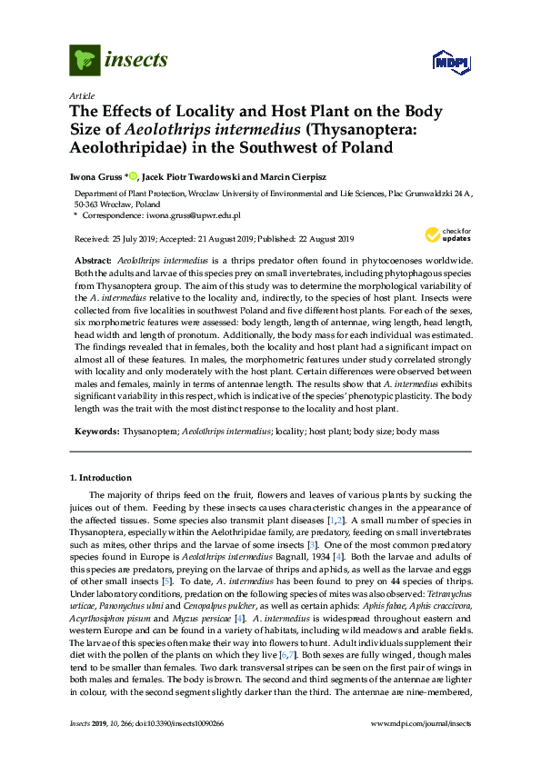 (PDF) The Effects of Locality and Host Plant on the Body Size of Aeolothrips intermedius ...