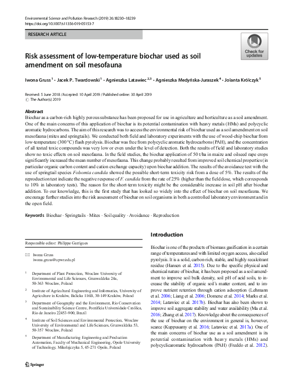 (PDF) Risk assessment of low-temperature biochar used as soil amendment on soil mesofauna