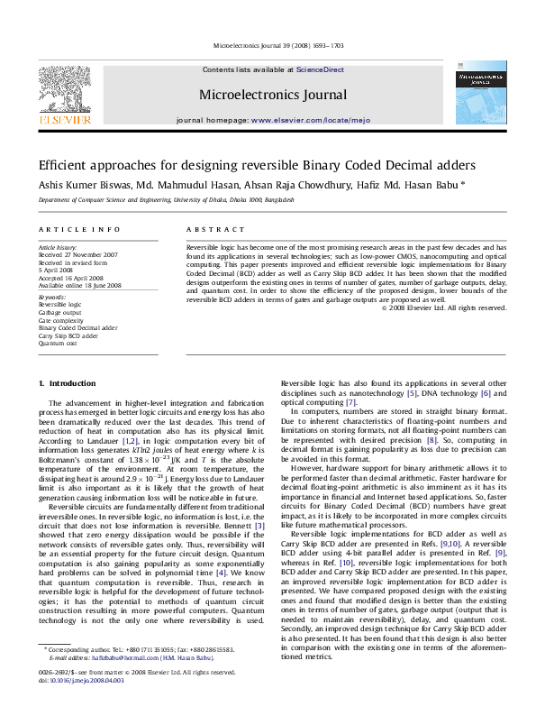 Pdf Efficient Approaches For Designing Reversible Binary Coded