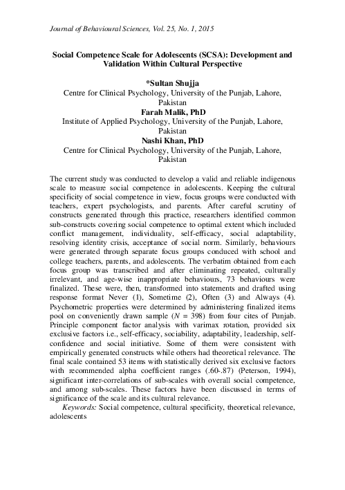 (PDF) Social Competence Scale for Adolescents (SCSA): Development and Validation within Cultural ...