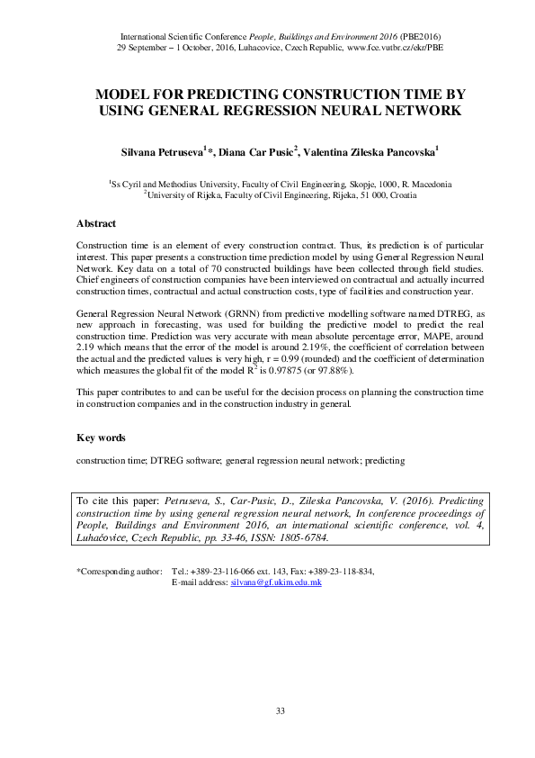 (PDF) Model for Predicting Construction Time by Using General Regression Neural Network