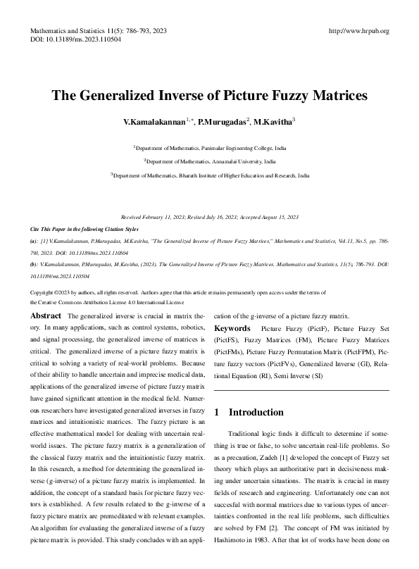(PDF) The Generalized Inverse of Picture Fuzzy Matrices