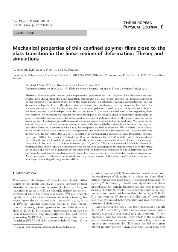 (PDF) Mechanical properties of thin confined polymer films close to the ...