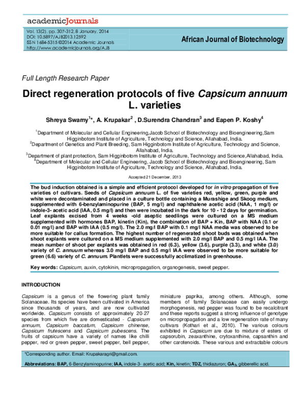 (PDF) Direct regeneration protocols of five Capsicum annuum L. varieties