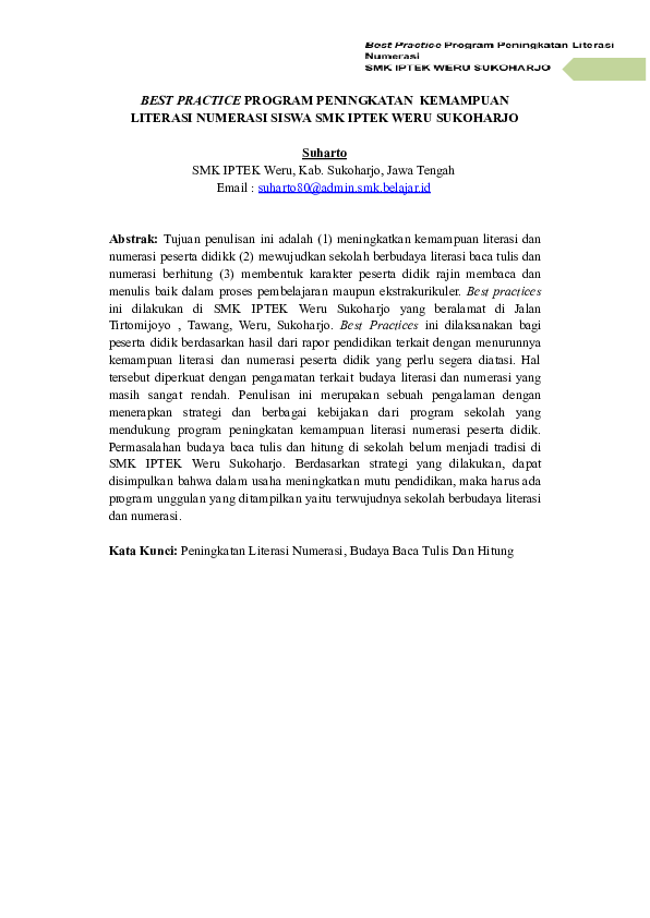 (PDF) BEST PRACTICE PROGRAM PENINGKATAN KEMAMPUAN LITERASI NUMERASI SISWA SMK IPTEK WERU SUKOHARJO