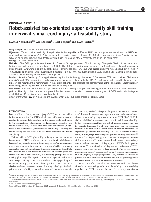 (PDF) Robot-assisted task-oriented upper extremity skill training in cervical spinal cord injury ...