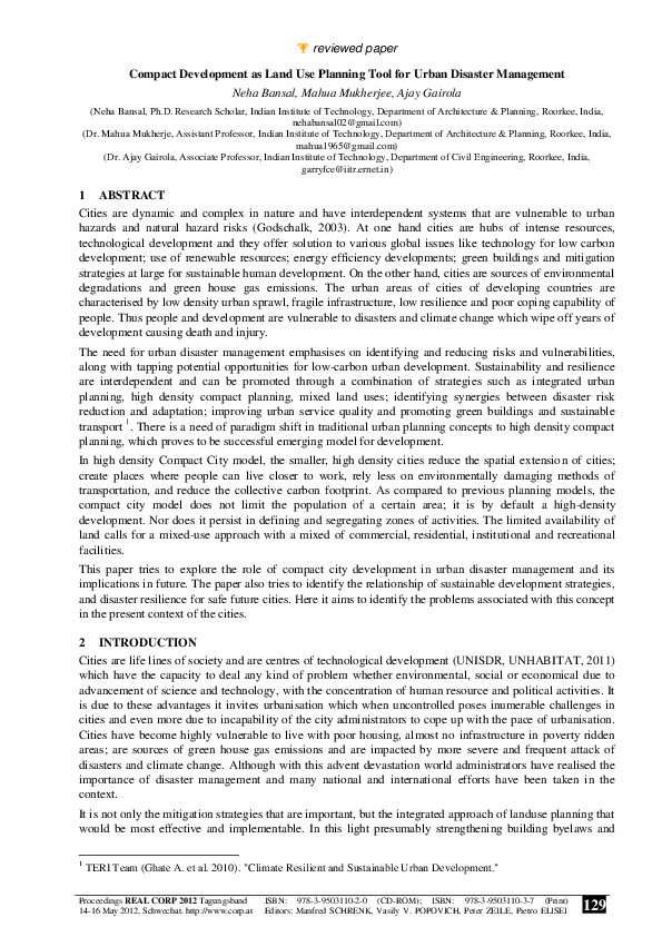 (PDF) Compact Development as Land Use Planning Tool for Urban Disaster ...