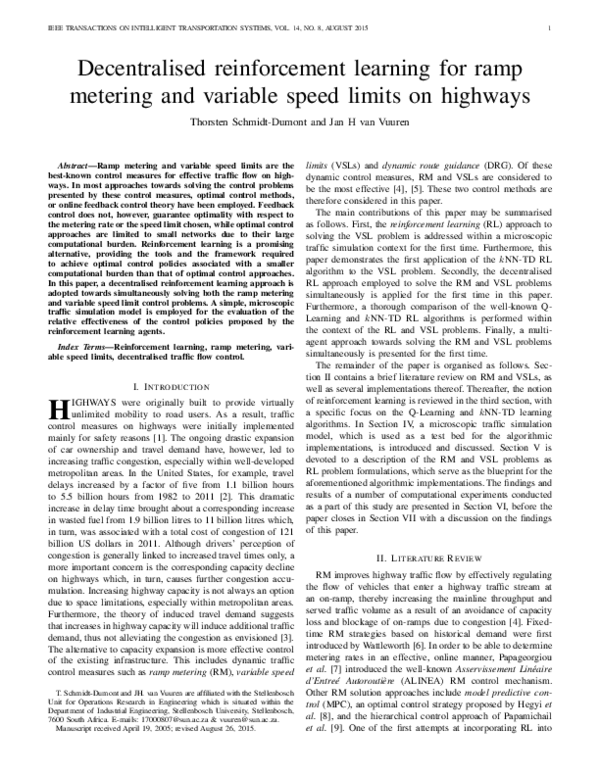 (PDF) Decentralised reinforcement learning for ramp metering and variable speed limits on highways