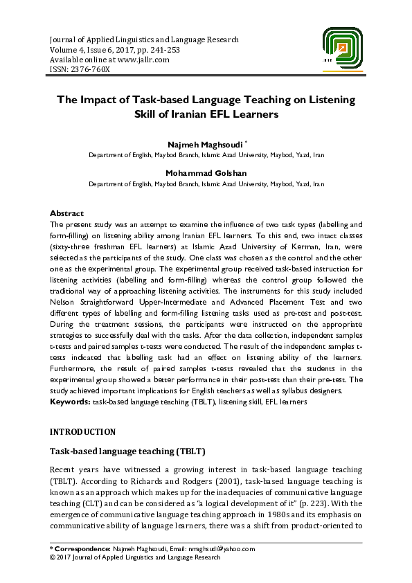 (PDF) The Impact of Task-based Language Teaching on Listening Skill of Iranian EFL Learners