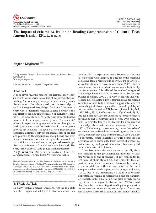 (PDF) The Impact of Schema Activation on Reading Comprehension of Cultural Texts among Iranian ...