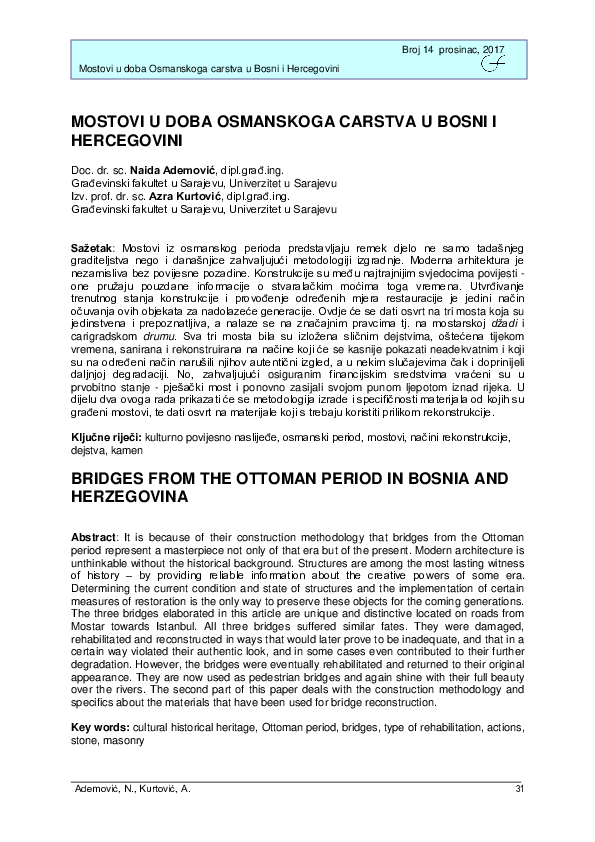 (PDF) Mostovi U Doba Osmanskoga Carstva U Bosni I Hercegovini
