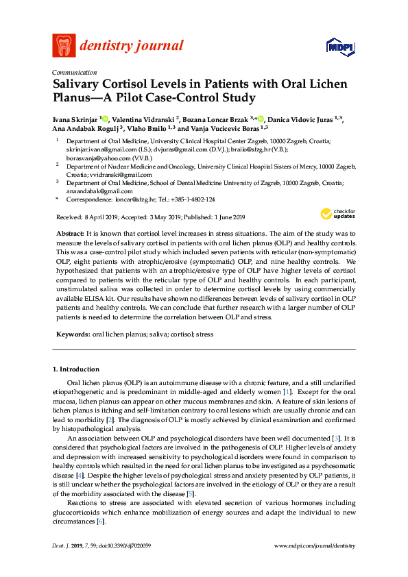 (PDF) Salivary Cortisol Levels in Patients with Oral Lichen Planus—A Pilot Case-Control Study