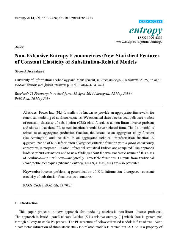 Pdf Non Extensive Entropy Econometrics New Statistical Features Of Constant Elasticity Of