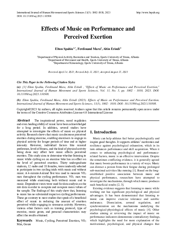 (PDF) Effects of Music on Performance and Perceived Exertion