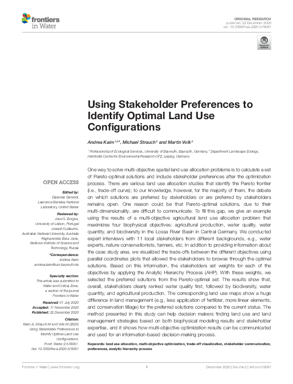 (PDF) Using Stakeholder Preferences to Identify Optimal Land Use Configurations