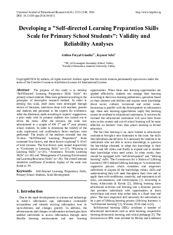 (PDF) Developing a "Self-directed Learning Preparation Skills Scale for Primary School Students ...