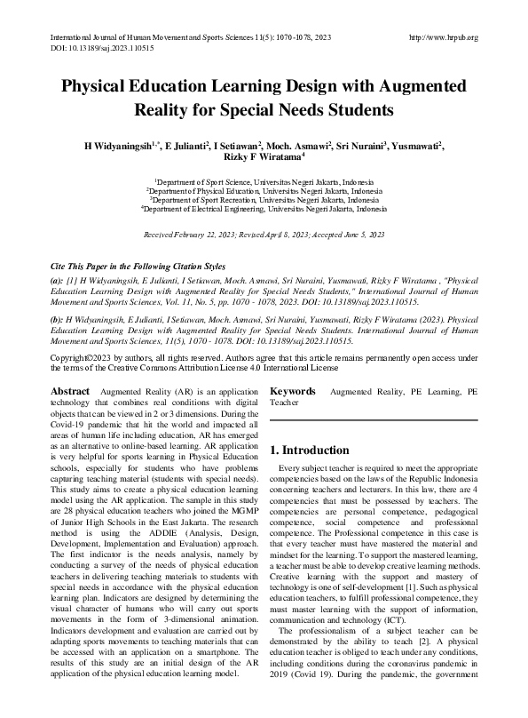 (PDF) Physical Education Learning Design with Augmented Reality for Special Needs Students