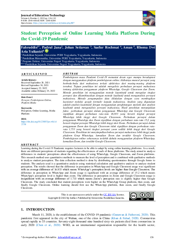 (PDF) Student Perception of Online Learning Media Platform During the Covid-19 Pandemic | Saefur ...