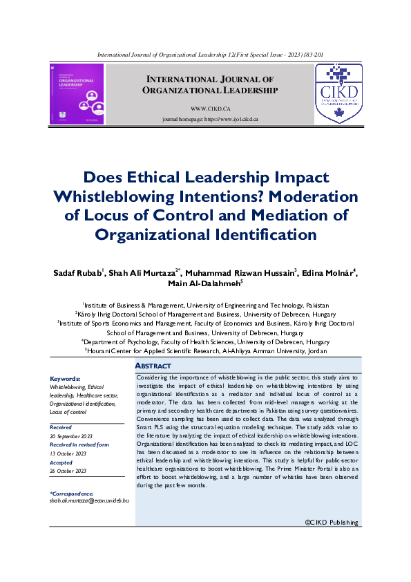 (PDF) Does Ethical Leadership Impact Whistleblowing Intentions? Moderation of Locus of Control ...