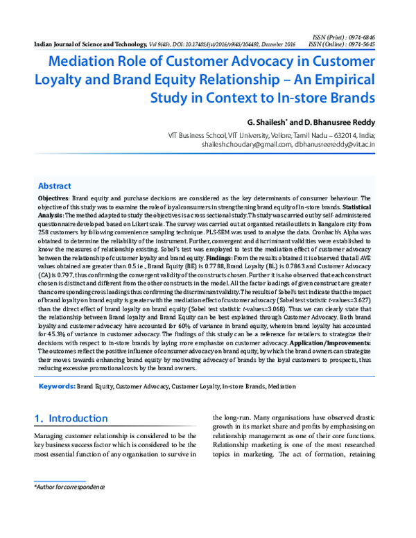 (PDF) Mediation Role of Customer Advocacy in Customer Loyalty and Brand Equity Relationship – An ...