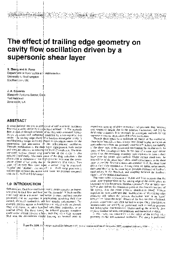 (PDF) The effect of trailing edge geometry on cavity flow oscillation driven by a supersonic ...