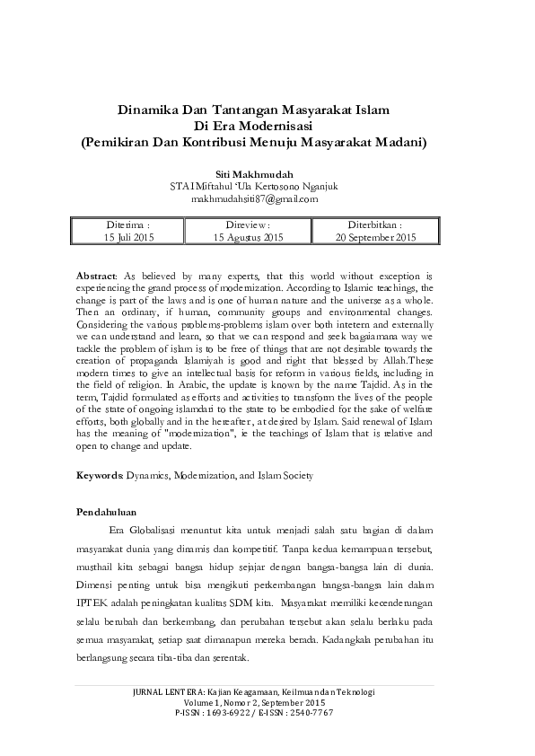 Pdf Dinamika Dan Tantangan Masyarakat Islam Di Era Modernisasi