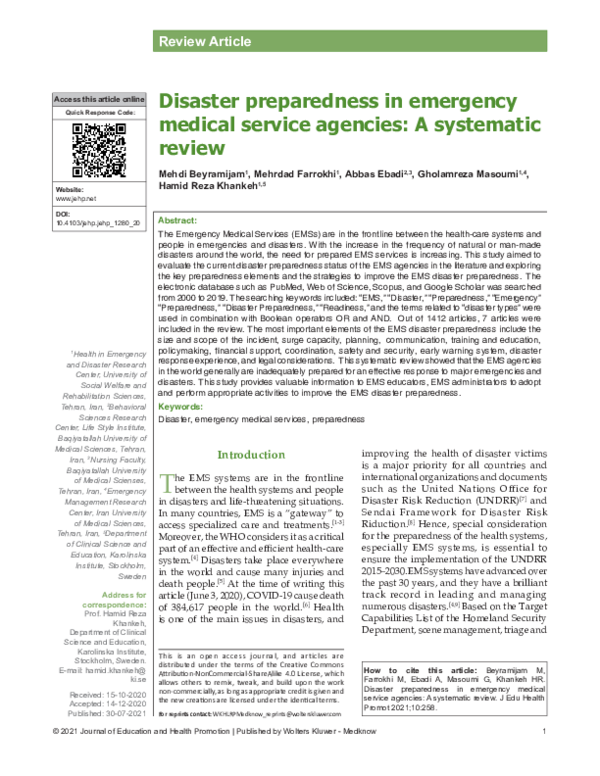 (PDF) Disaster preparedness in emergency medical service agencies: A ...