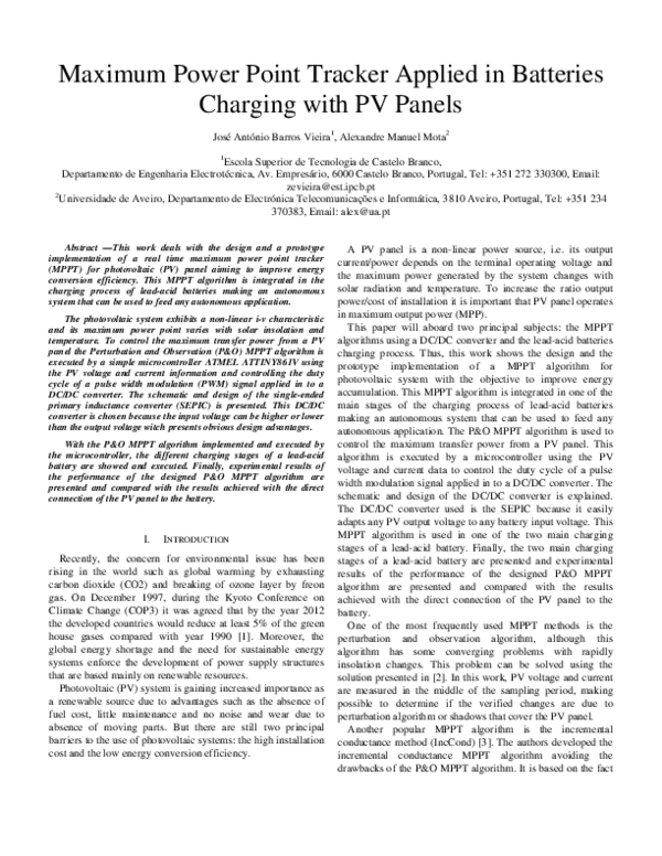Pdf Maximum Power Point Tracker Applied In Batteries Charging With Pv Panels 7021