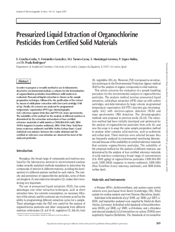 (PDF) Pressurized Liquid Extraction of Organochlorine Pesticides from Certified Solid Materials