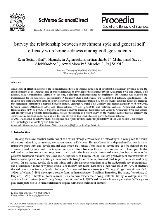 (PDF) Attachment Styles, Self Efficacy, and Homesickness in College Students