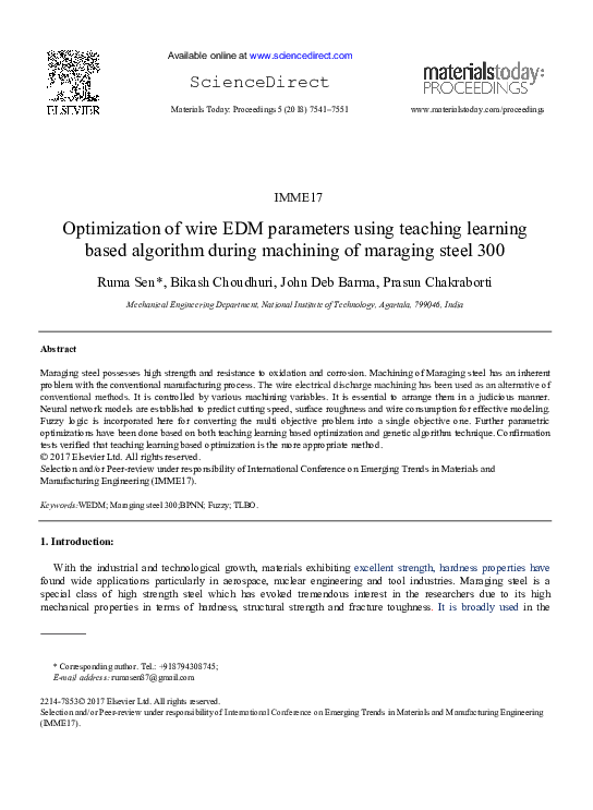 Pdf Optimization Of Wire Edm Parameters Using Teaching Learning Based Algorithm During