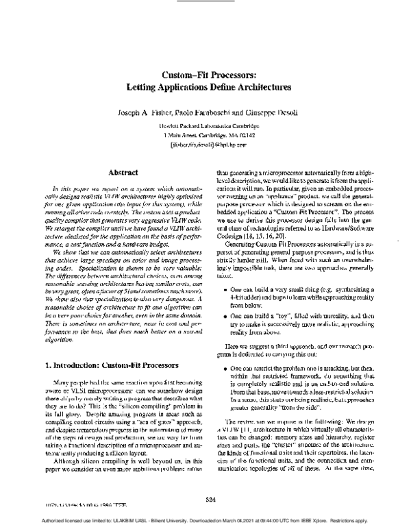 (PDF) Custom-fit processors: letting applications define architectures | Giuseppe Desoli ...