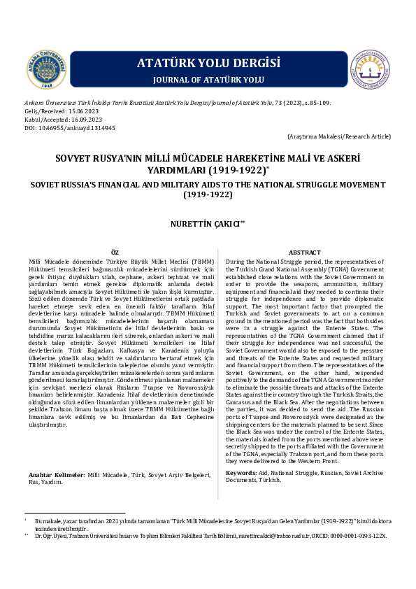 (PDF) Sovyet Rusya nın Milli Mucadele Hareketine Mali ve Askeri ...