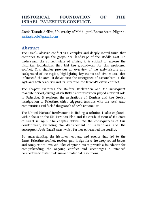 (PDF) HISTORICAL FOUNDATION OF THE ISRAEL-PALESTINE CONFLICT