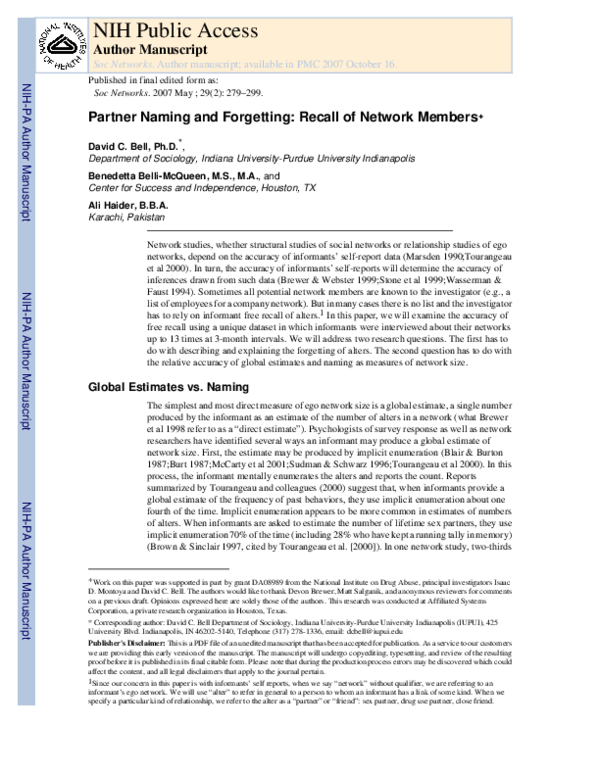 (PDF) Partner naming and forgetting: Recall of network members