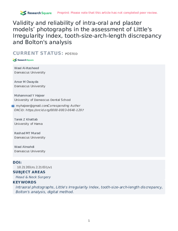 (PDF) Validity and reliability of intra-oral and plaster models ...
