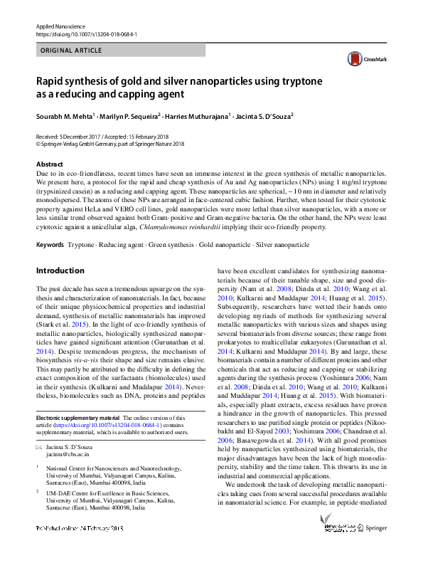 (PDF) Rapid synthesis of gold and silver nanoparticles using tryptone ...