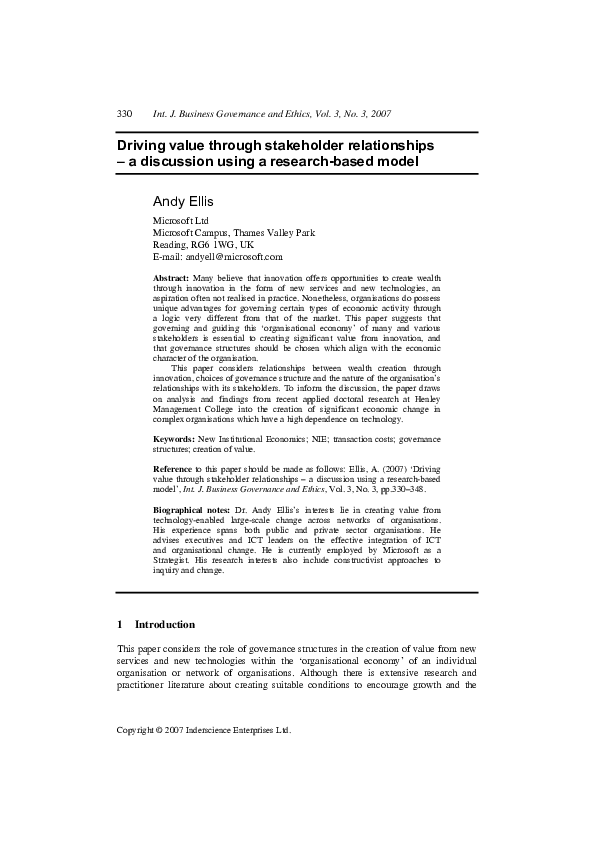 (PDF) Driving value through stakeholder relationships a discussion ...