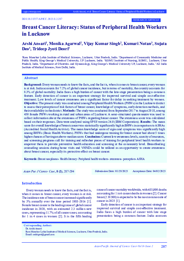 (PDF) Breast Cancer Literacy: Status of Peripheral Health Workers in ...